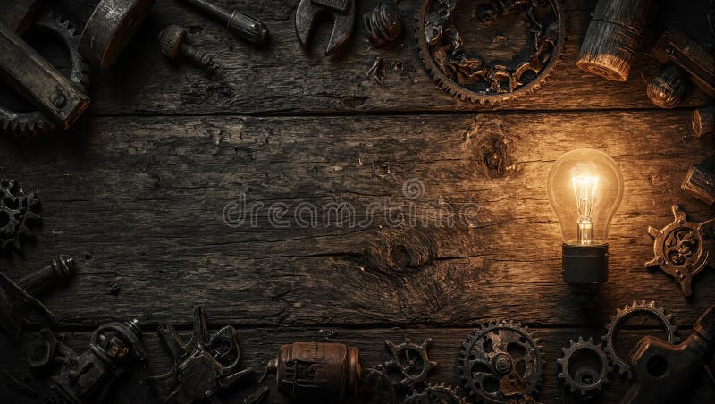 Vintage Light Bulb on Rustic Table with Scattered Tools and Gears ...