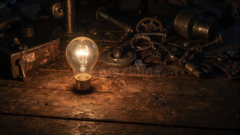Vintage Light Bulb on Rustic Table with Scattered Tools and Gears ...