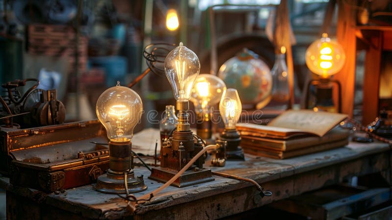 Vintage Light Bulbs and Antique Objects on a Table Stock Image - Image ...