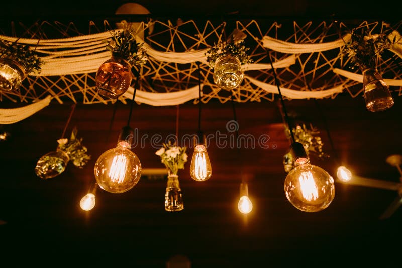 Vintage light bulbs in bar stock image. Image of celebration - 179155417