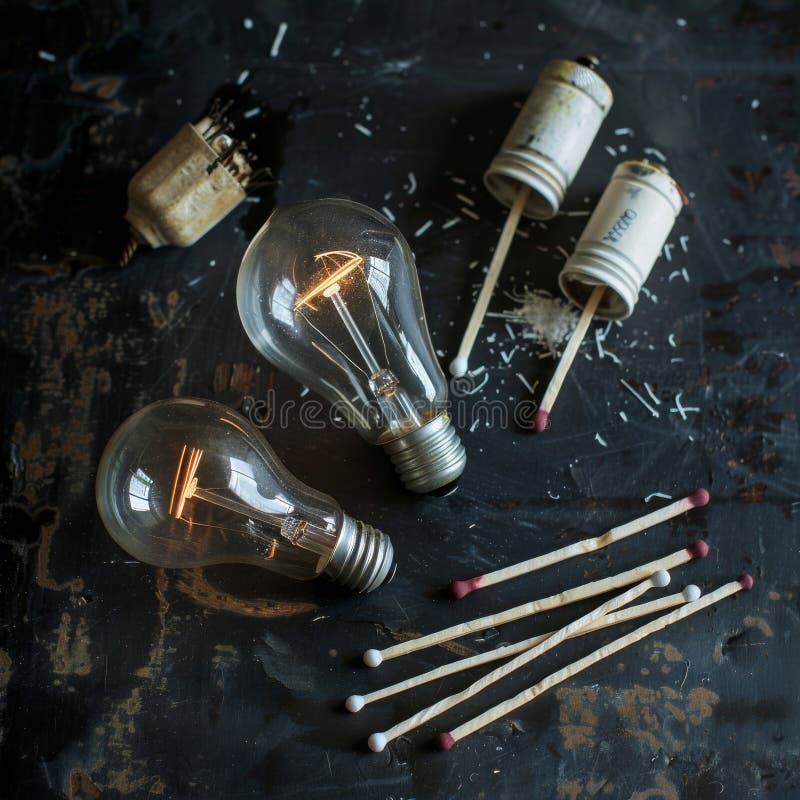 Vintage Light Bulbs and Matches on Rustic Surface Stock Image - Image ...
