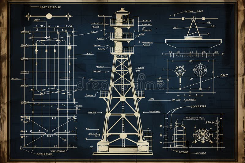 Vintage Lighthouse Blueprint with Detailed Design & Construction Stock ...