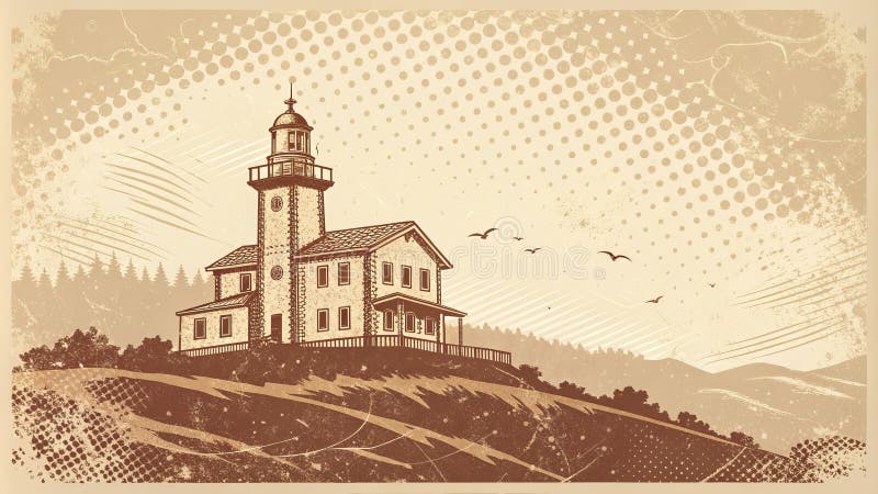 Vintage Lighthouse on a Hill with Sepia Halftone Background Stock Image ...