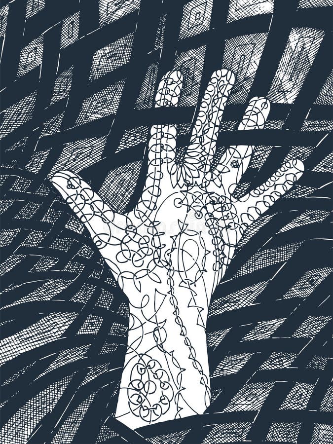 Vintage Line Drawing of Hand on Abstract Background. for Design ...