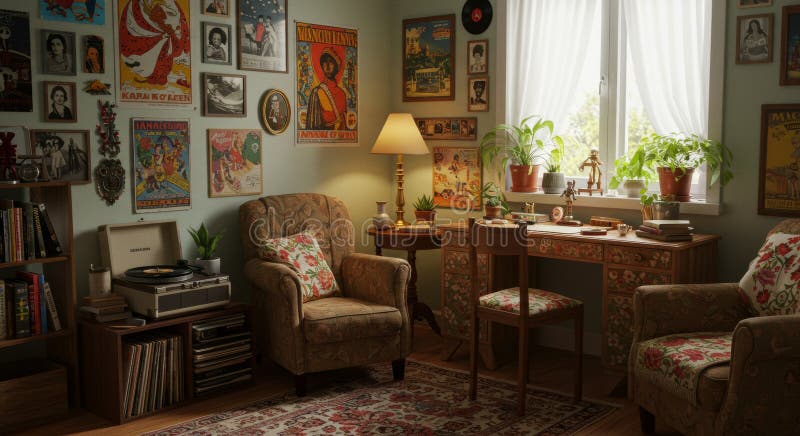 Vintage Living Room with Retro Decor and Warm Lighting Stock Image ...