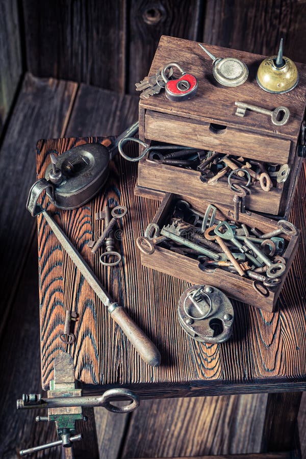 Vintage Keys and Locks on Old Wooden Table Stock Photo - Image of safe ...