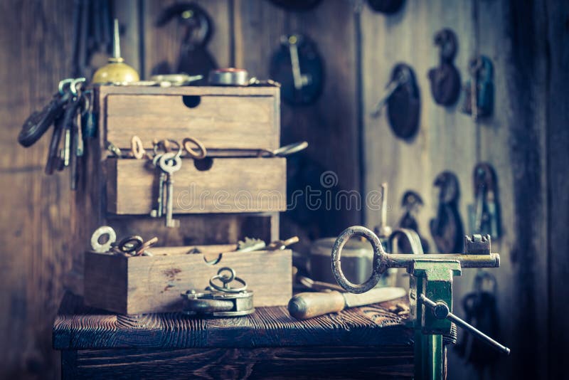 Vintage Locksmiths Workshop with Keys and Locks Stock Photo - Image of ...