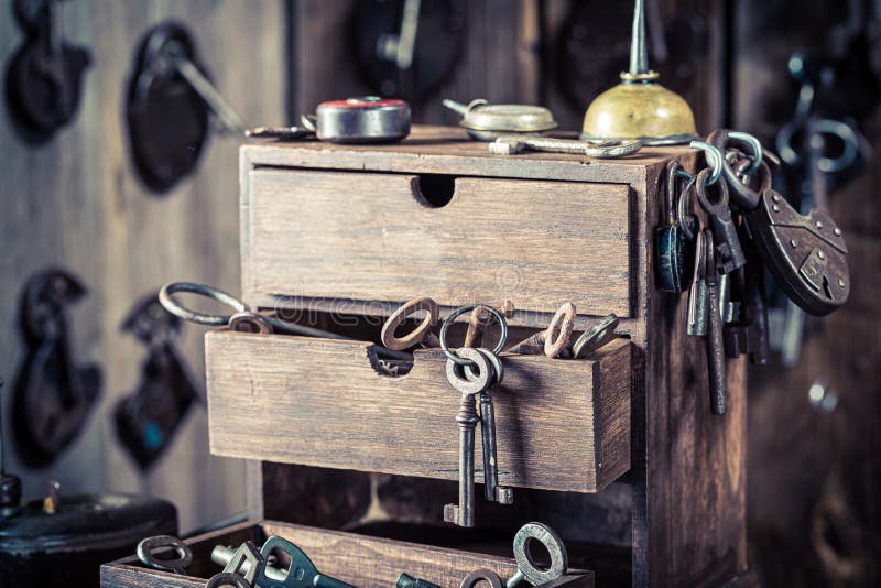 Vintage Locksmiths Workshop with Locks and Tools. Ancient Locksmiths ...