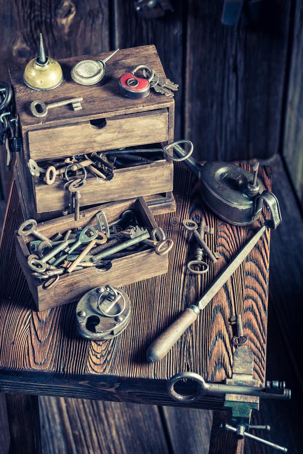 Vintage Locksmiths Workshop with Tools To Repair Stock Photo - Image of ...