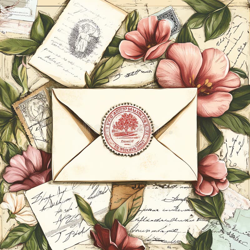 A Vintage Looking Envelope with a Tree Stamp and a Flower Stamp Stock ...