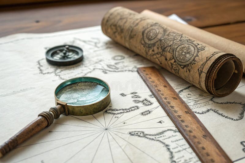 Vintage Loupe on Table with Treasure Map Scroll and Ruler Stock ...