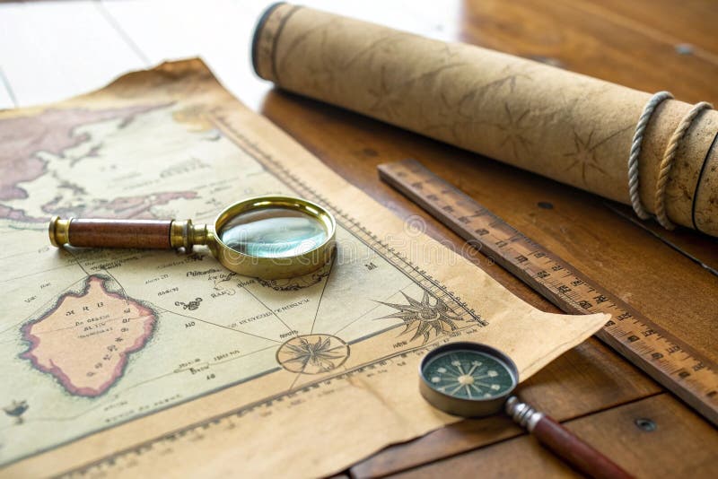 Vintage Loupe on Table with Treasure Map Scroll and Ruler Stock ...