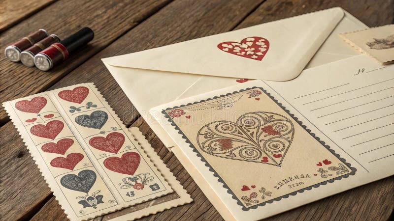 Vintage Love Letters: Envelopes and Stamps with Heart Designs on Rustic ...