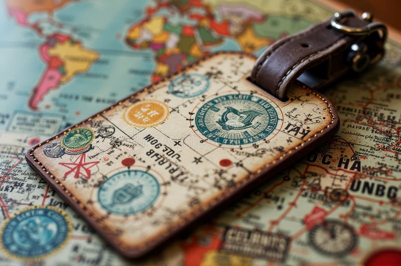 Vintage Luggage Tag on World Map with Passport Stamps Stock Photo ...