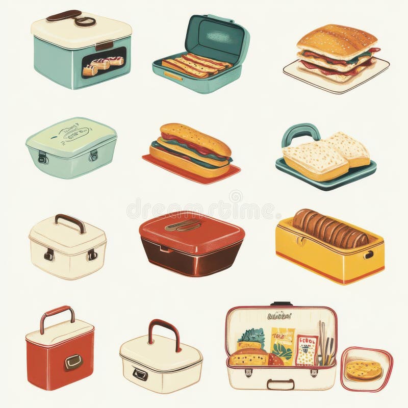 Vintage Lunch Boxes and Sandwiches Stock Illustration - Illustration of ...