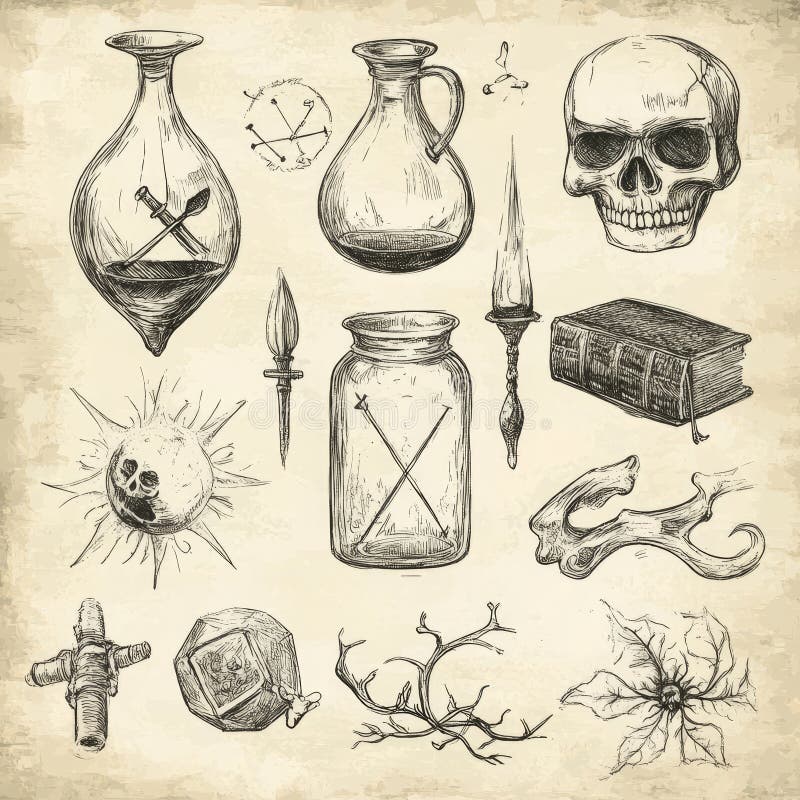 Vintage Magic Items. Hand Drawn Vector Illustration. Collection of Hand ...