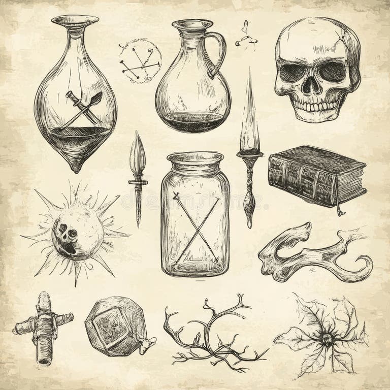 Vintage Magic Items. Hand Drawn Vector Illustration. Collection of Hand ...