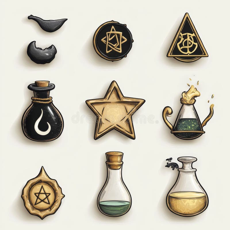 Vintage Magic Potion Icons Set. Hand Drawn Symbols. Vector Illustration ...