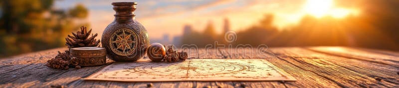 Vintage Magical Items on Wooden Table with Map and Sunlight Stock ...