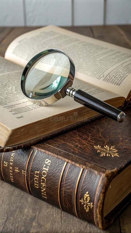 Vintage Magnifying Glass on Open Book with Leather Bound Dictionary ...