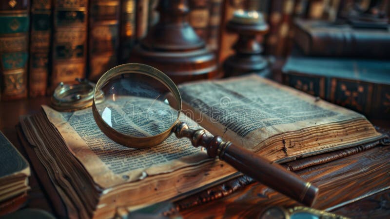 Vintage Magnifying Glass on an Open Book in a Library Stock Image ...