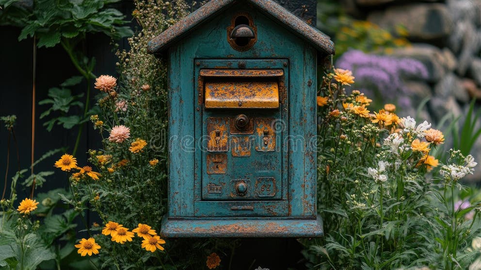 Vintage Mailbox Nestled among Flowers Stock Illustration - Illustration ...