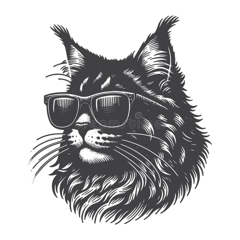 Vintage Maine Coon Cool Sunglasses Hand Drawn Engraved Vector. Stock ...