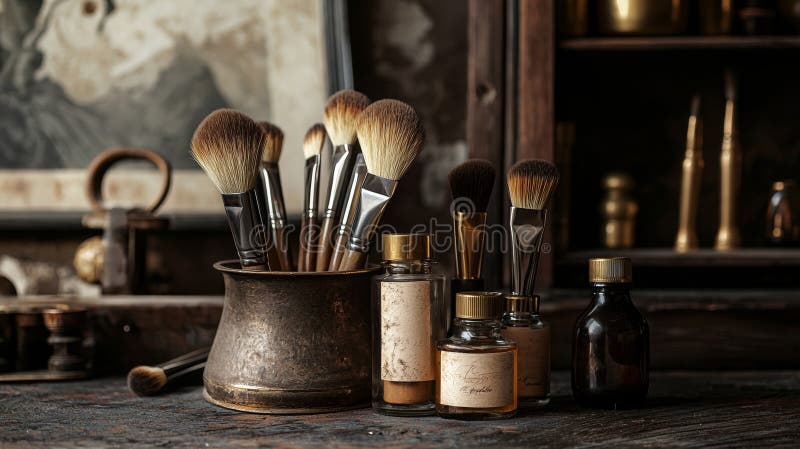 Vintage Makeup Brushes and Bottles in an Antique Setting Stock Photo ...