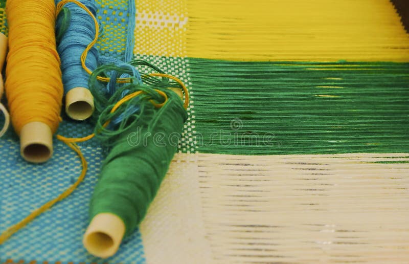 Vintage Manual Weaving Loom with Unfinished Textile Work Stock Image ...