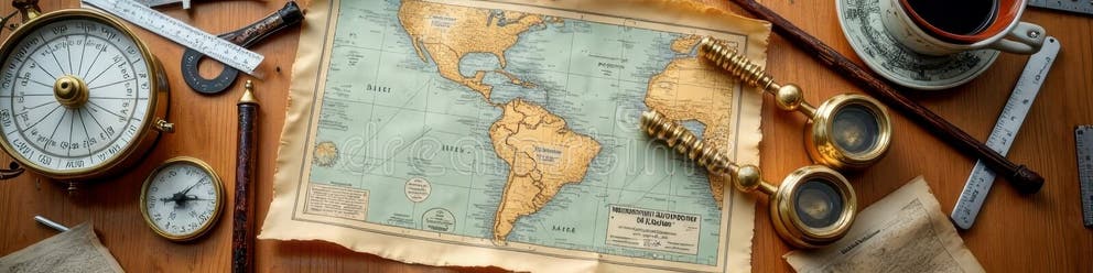 Vintage Map of the Americas with Nautical Tools on Wooden Table Stock ...