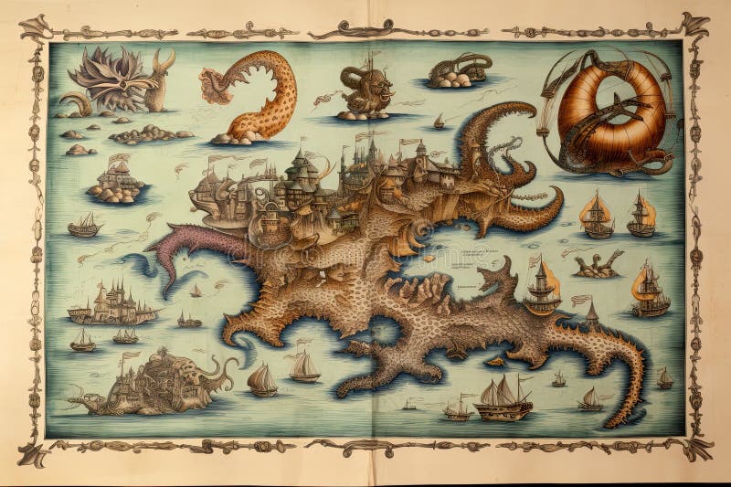 Vintage Map of the Ancient World with Dragons and Ships in the ...