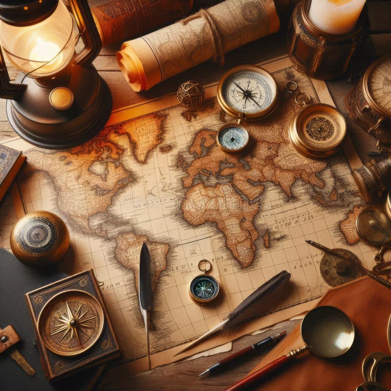 Vintage Map with Antique Exploration Tools Stock Image - Image of ...