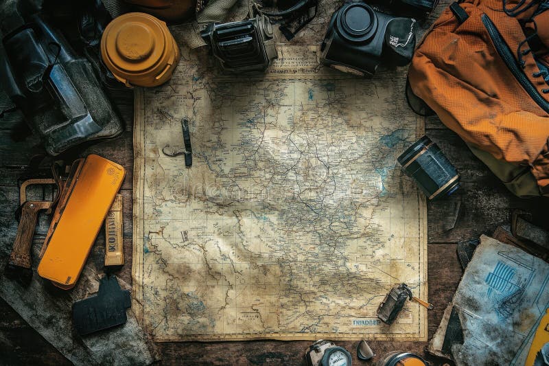 Vintage Map and Assorted Objects on a Wooden Surface Stock Illustration ...