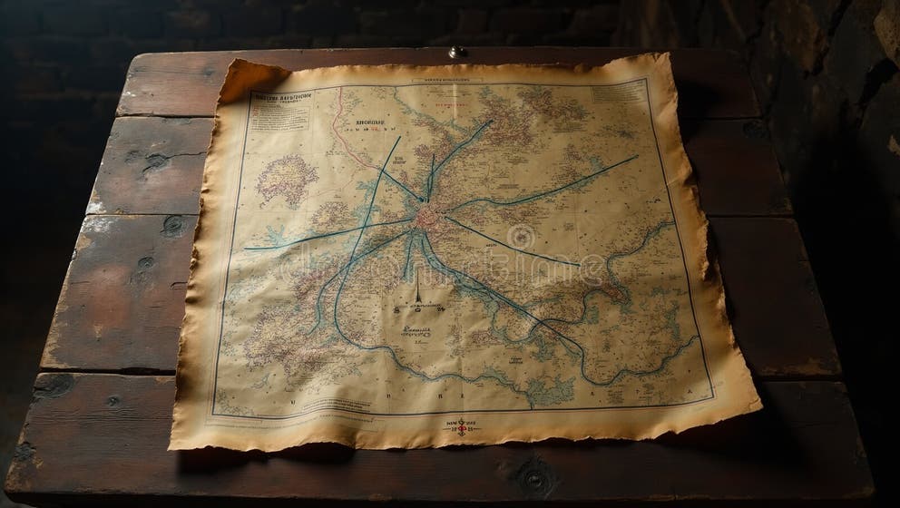 Vintage Map with Battle Plans on Table in Dimly Lit Bunker Stock ...