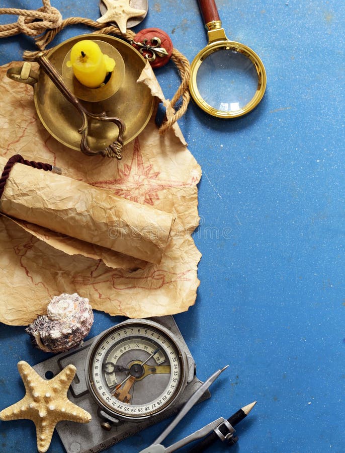 Vintage Map, Compass, Magnifier - Adventure and Treasure Stock Image ...