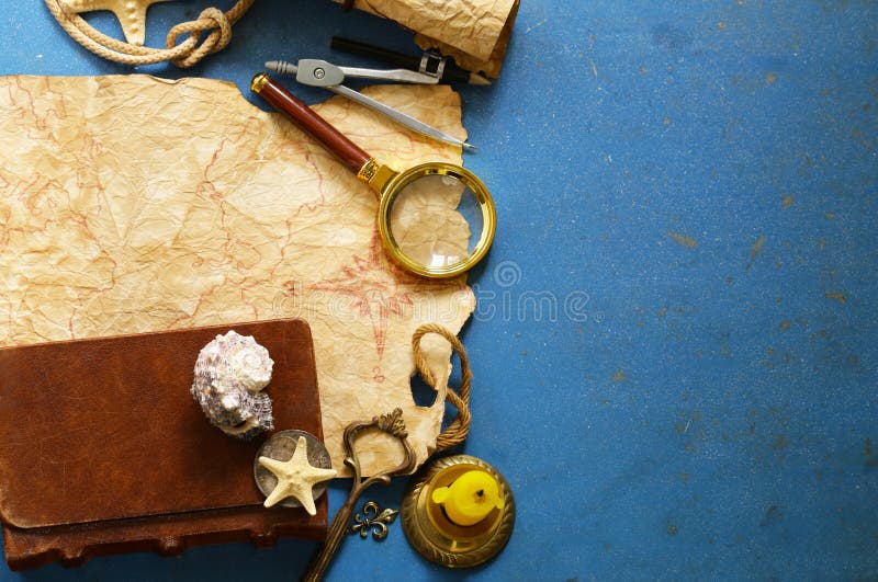 Vintage Map, Compass, Magnifier Stock Photo - Image of voyage, hunt ...