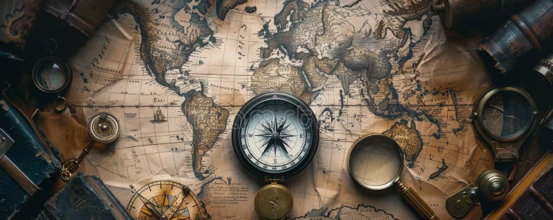 Vintage Map with Compass and Magnifying Glass is Shown. Scene Includes ...