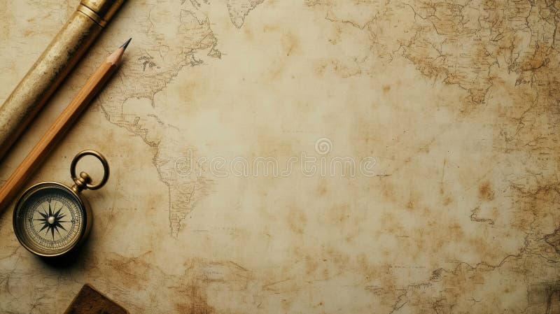 Vintage Map with Compass and Pencil Creating an Inspired Atmosphere for ...