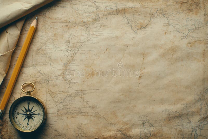 Vintage Map with Compass and Pencil Providing Space for Creative ...
