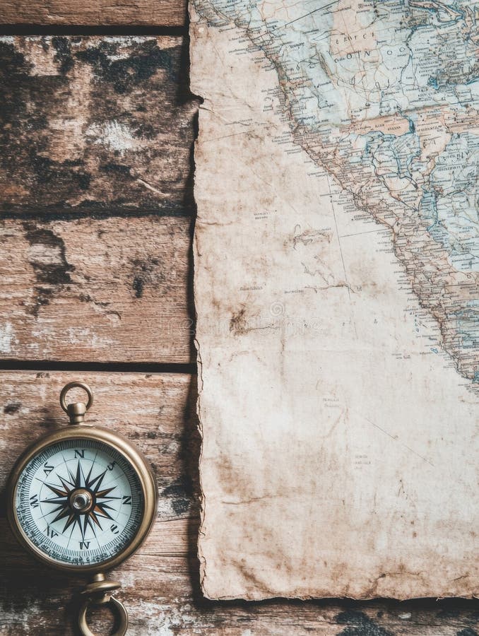 Vintage Map and Compass Placed on Rustic Wooden Surface, Symbolizing ...