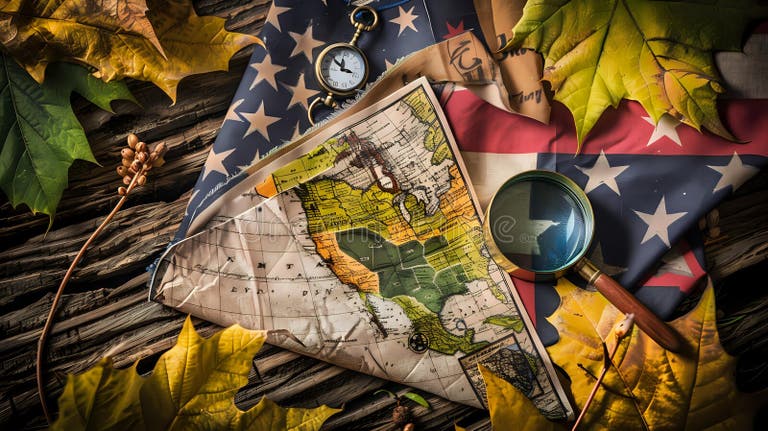 A Vintage Map and Compass on a Rustic Surface, Surrounded by Autumn ...
