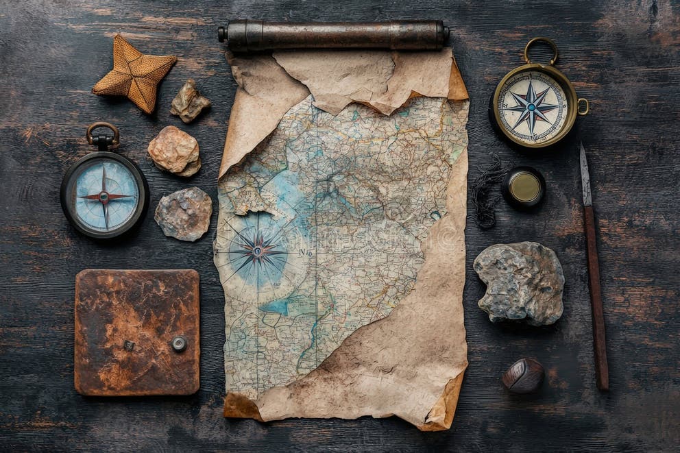 Vintage Map with Compass Stones and a Rustic Backdrop Ideal for ...