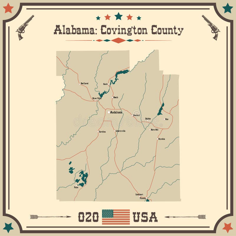 Vintage Map of Covington County in Alabama, USA. Stock Vector ...