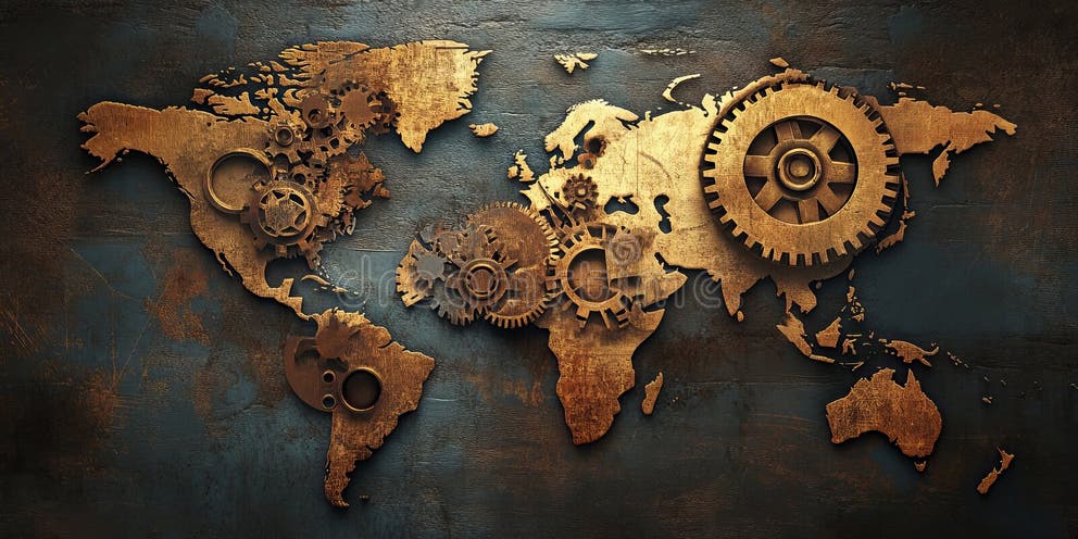 Vintage Map Design with Mechanical Gears Overlayed on Background Stock ...