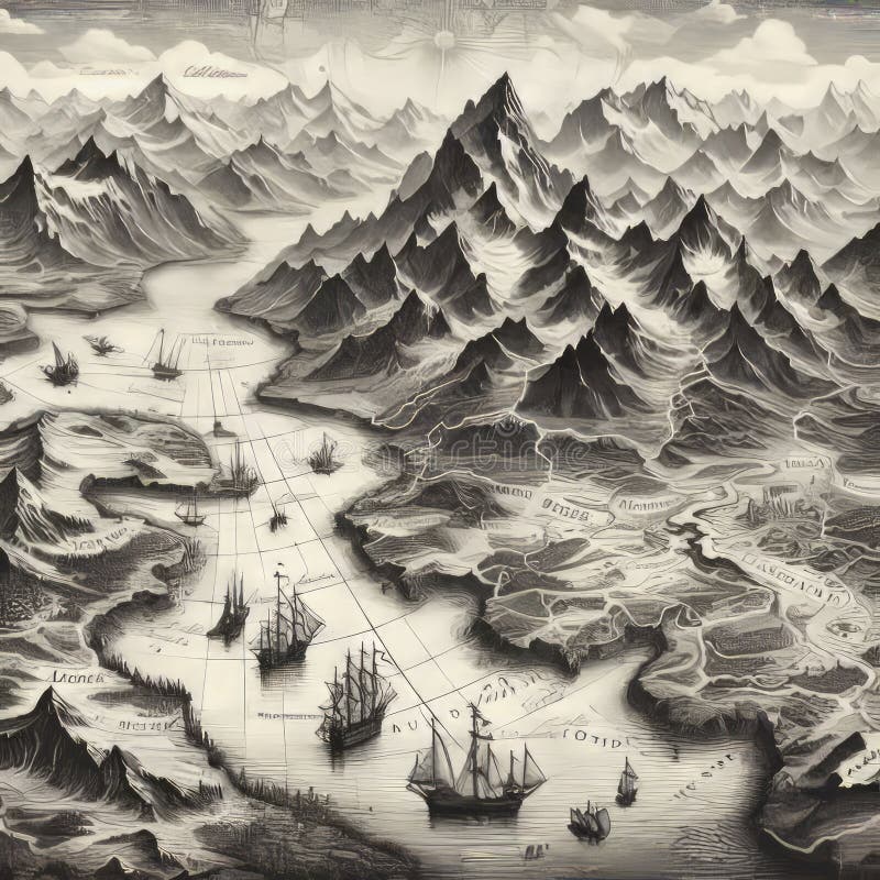 Vintage Map Detailed Hand Drawn Illustrations with a Vintage Mon Stock ...