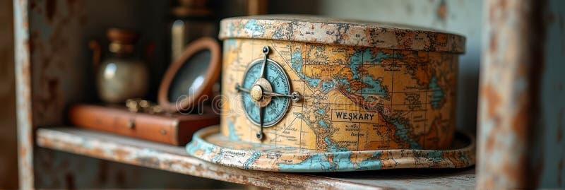 Vintage Map Hatbox with Compass on Weathered Shelf Stock Image - Image ...