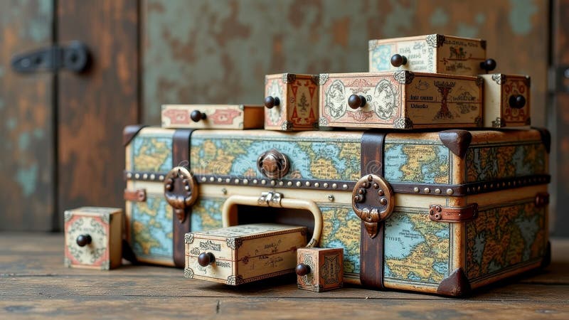 Vintage Map-inspired Miniature Suitcases and Drawers on Wooden Surface ...