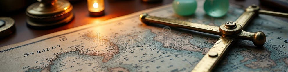 Vintage Map with Nautical Instruments and Candlelight Ambiance Stock ...