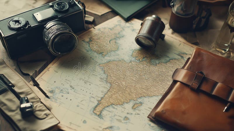 Vintage Map Paired with Travel Tools for an Exploration Theme Stock ...