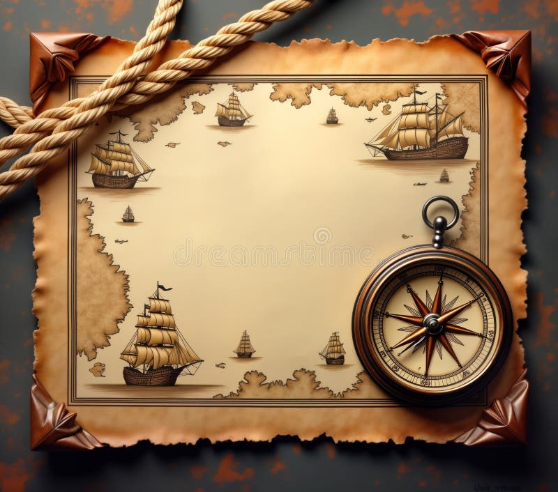 Vintage Map with Sailing Ships, Compass. Aged Paper with Distressed ...